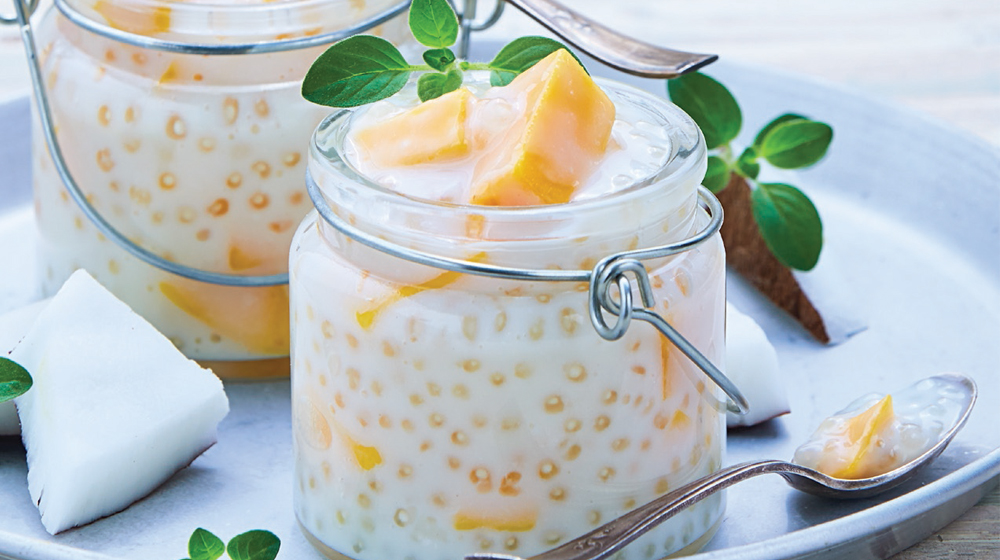 Receta rápida de tapioca con coco y mango
